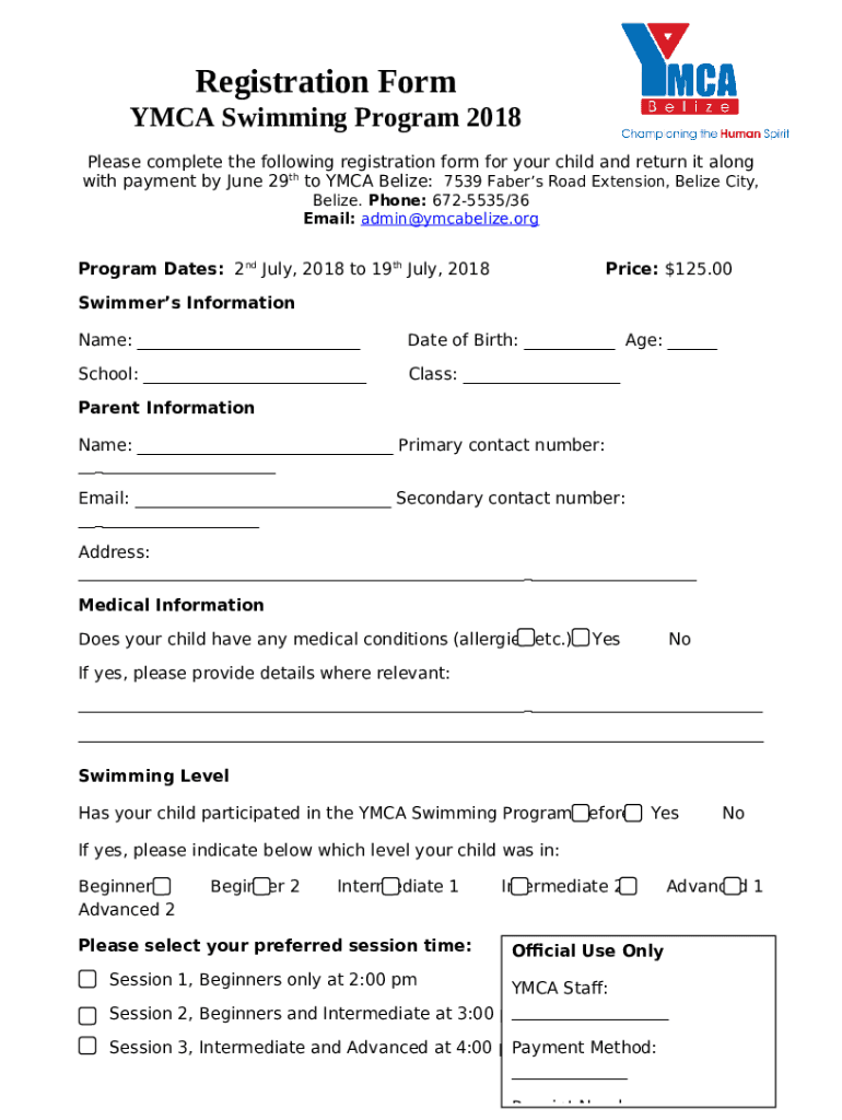 Registration YMCA Swimming Program 2018 Doc Template | pdfFiller