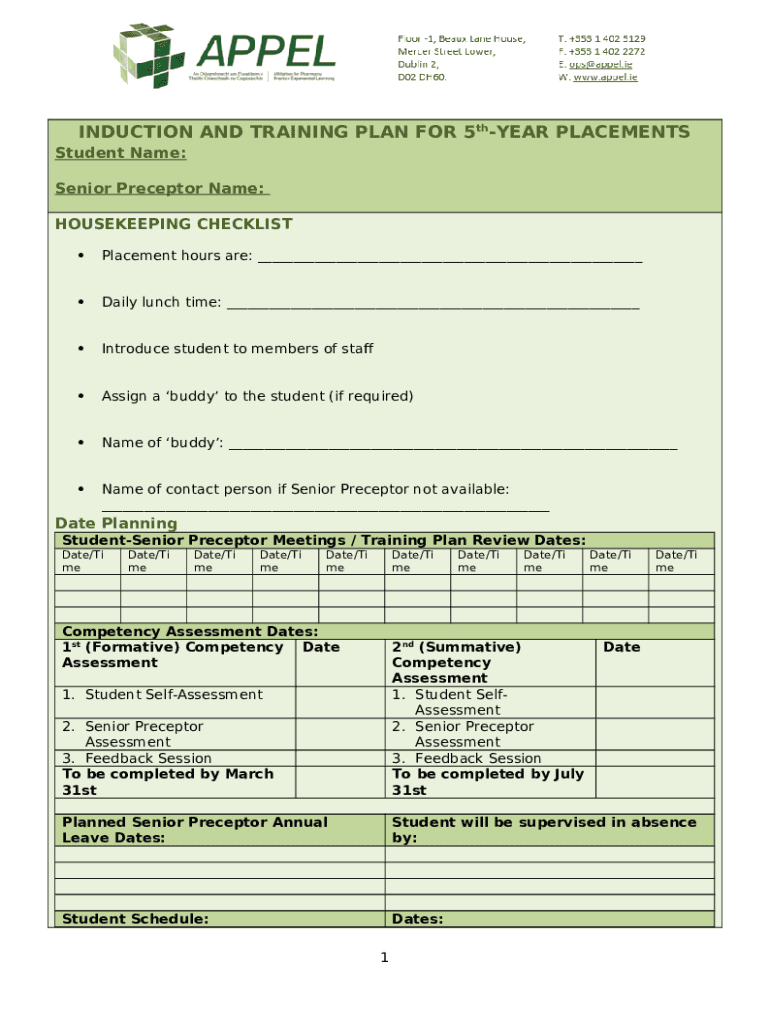 INDUCTION AND TRAINING PLAN FOR 5 th Doc Template | pdfFiller