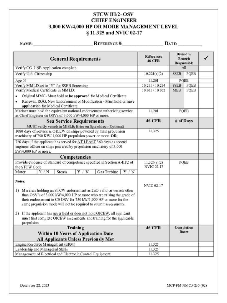 Fillable Online STCW III/2- OSV CHIEF ENGINEER 3,000 KW/4,000 HP OR MORE ... Fax Email Print ...