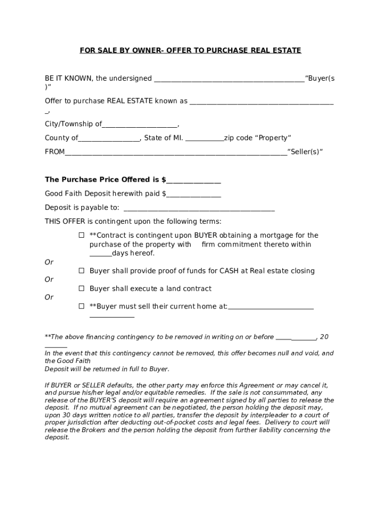 FOR SALE BY OWNER- OFFER TO PURCHASE REAL ESTATE Doc Template | pdfFiller