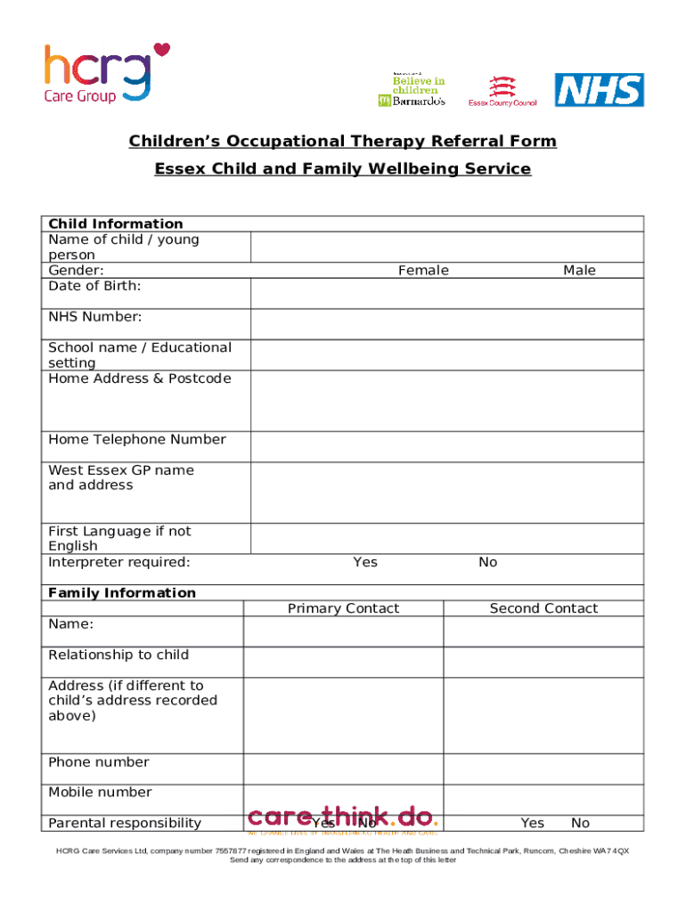 Children's Occupational Therapy Referral Essex ... Doc Template | pdfFiller