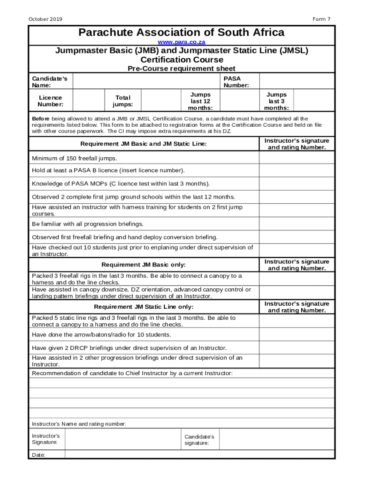 Jump Master Pre-course requirements. 7 Doc Template | pdfFiller