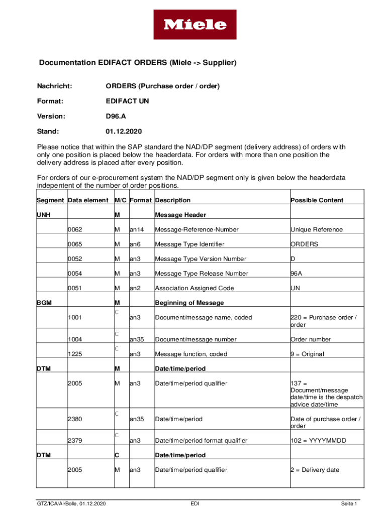 Fillable Online EDIFACT ORDERS Message - Usage, Standards and ... Fax ...