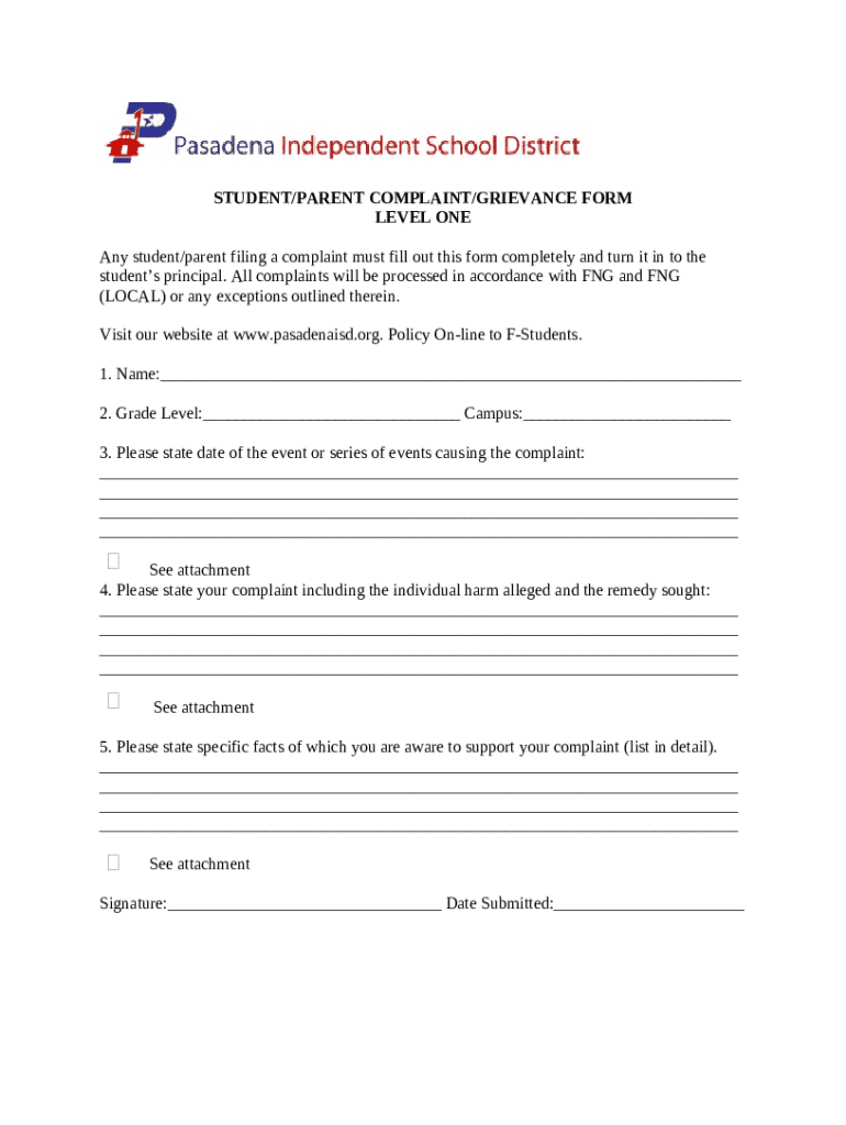 STUDENT/PARENT COMPLAINT/GRIEVANCE Doc Template | pdfFiller