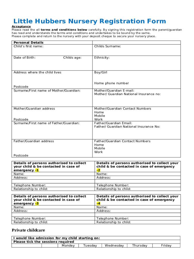 Little Hubbers Nursery Registration Doc Template | pdfFiller