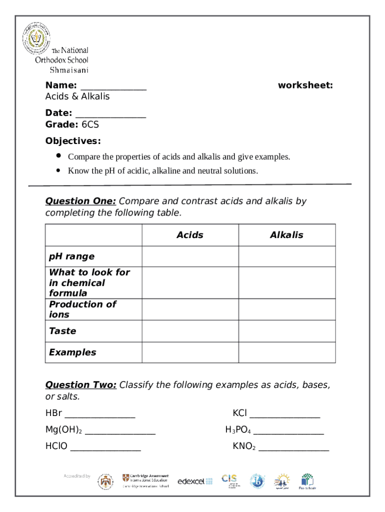 Name: worksheet: Acids & Alkalis Doc Template | pdfFiller