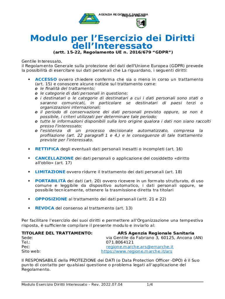 MODULO ESERCIZIO DEI DIRITTI da parte dell'interessato Doc Template ...