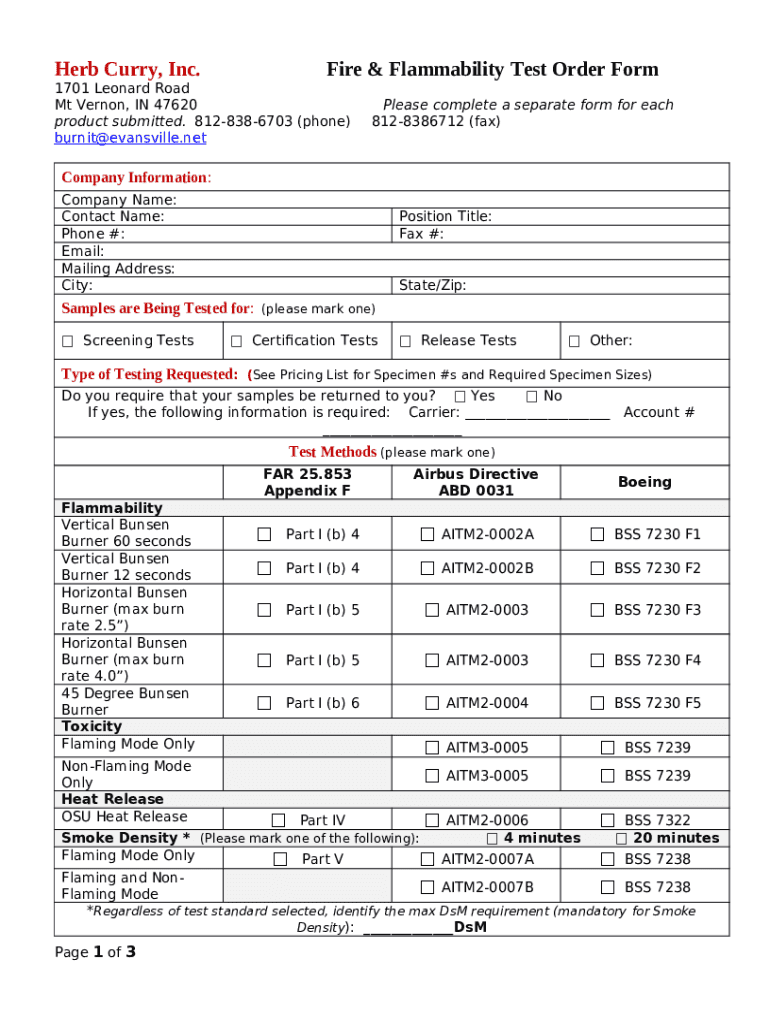 Herb Curry, Inc. Fire & Flammability Test Order Doc Template | pdfFiller