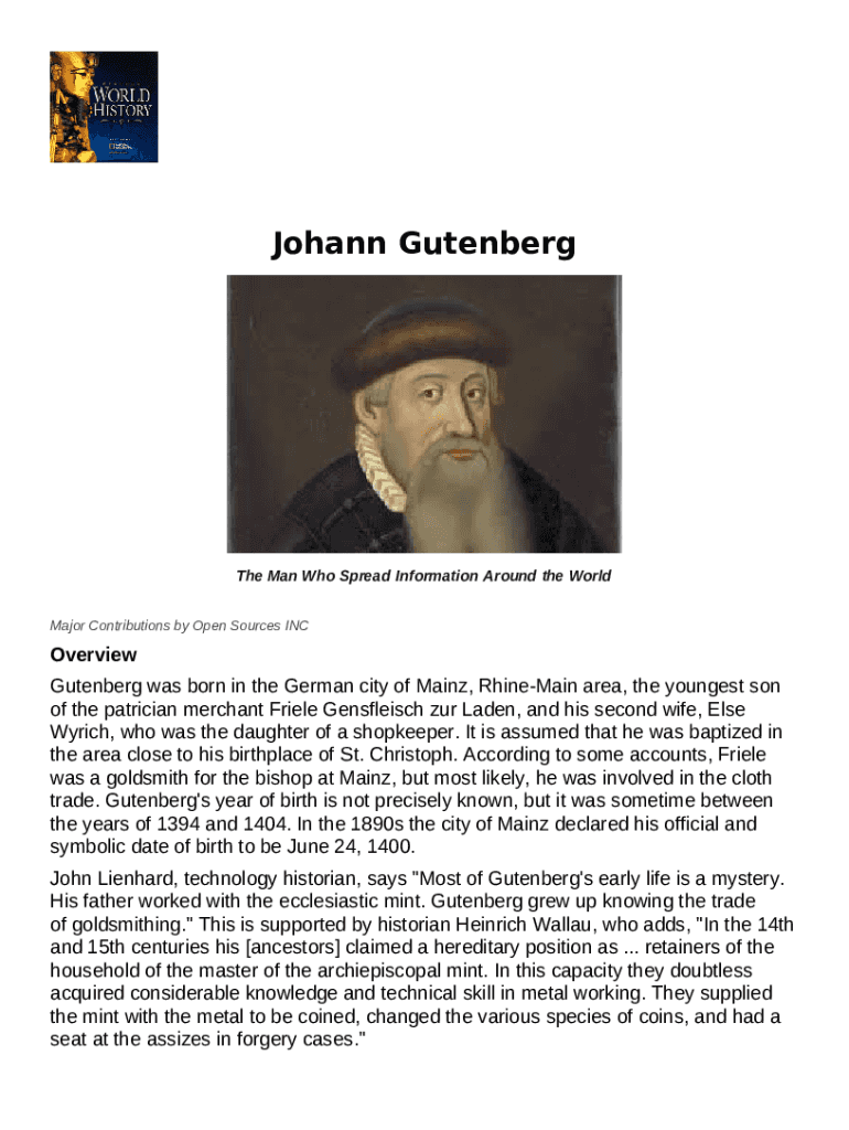 Johannes GutenbergPrinting Press, Inventions, Facts ... Doc Template ...