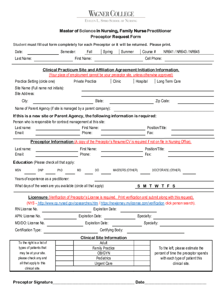 Fillable Online Nurse Practitioner Program Preceptor Form Fax Email ...