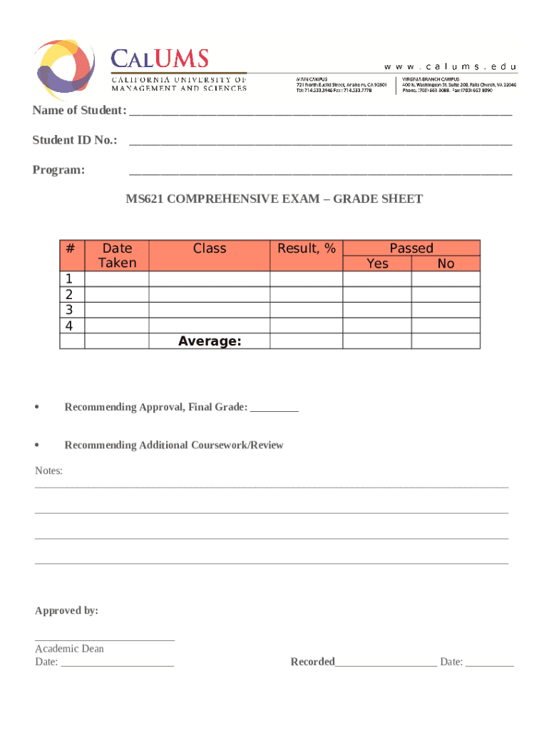 MS621 COMPREHENSIVE EXAMGRADE SHEET Doc Template | pdfFiller