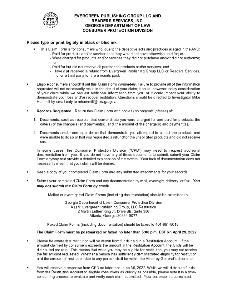 Fillable Online Evergreen Publishing Group Claim Form Fax Email Print ...