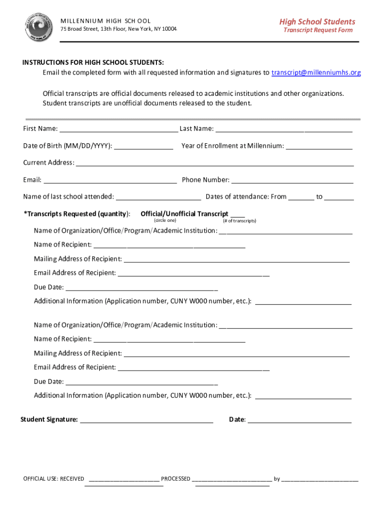 Fillable Online HIGH SCHOOL STUDENT Transcript Request Form Fax Email ...