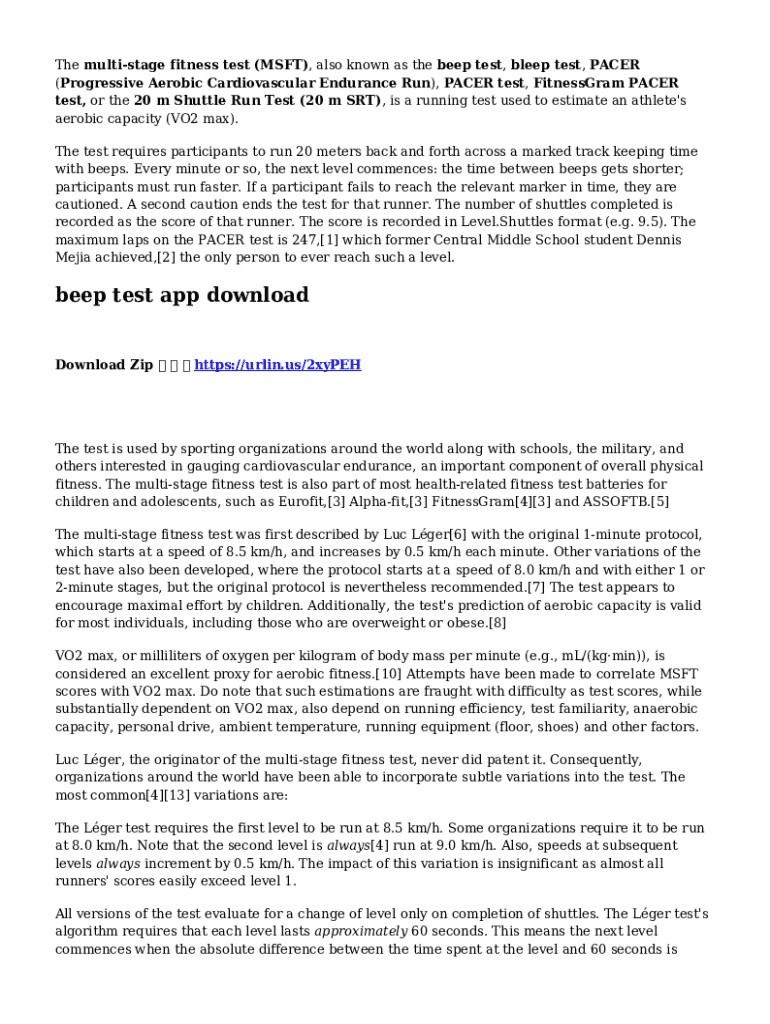 Fillable Online FULL BEEP TEST with Level markers 1 to 21, AKA ...