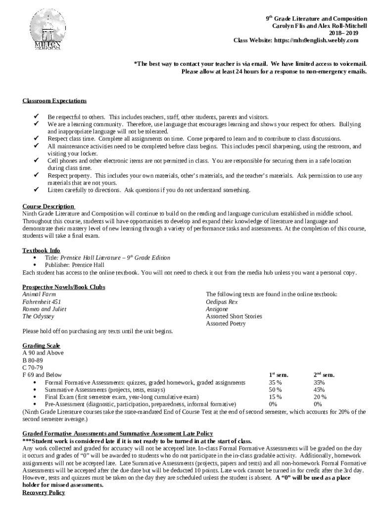 9th Grade Literature and Composition - Home Doc Template | pdfFiller