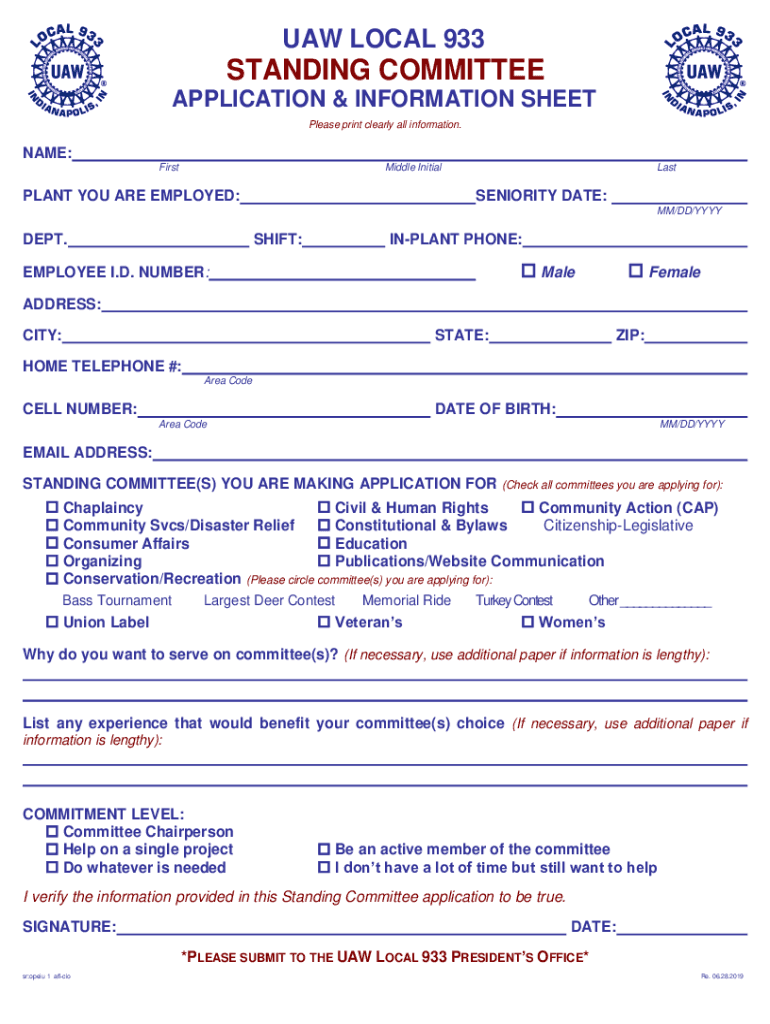 Fillable Online standing committee - application & information sheet ...
