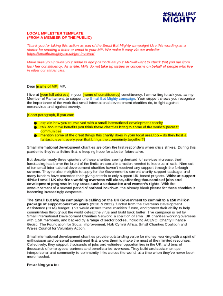 Local Mp Letter Template From Member Of Public Small Doc Template Pdffiller