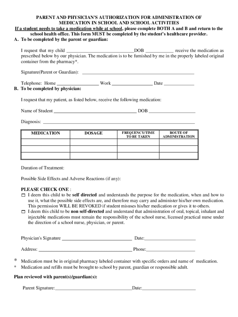 Fillable Online PARENT AND PHYSICIAN'S AUTHORIZATION FOR ... Fax Email ...