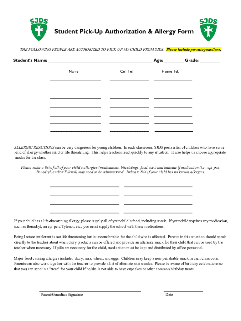 Fillable Online Student Pick-Up Authorization & Allergy Form Fax Email ...
