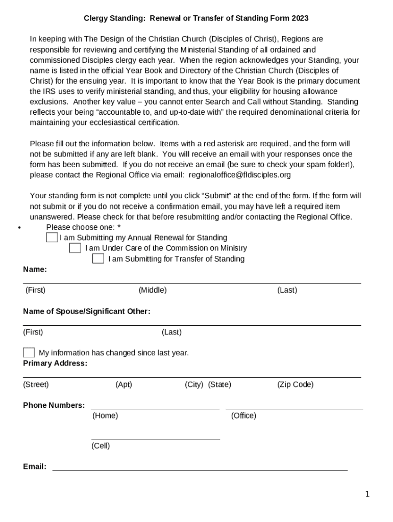 Clergy Standing Renewal Doc Template | pdfFiller