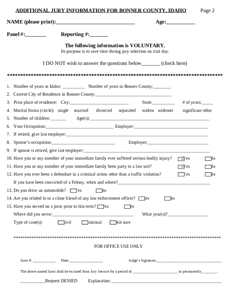 JURY QUALIFICATION QUESTIONNAIRE FOR BONNER COUNTY, IDAHO Doc Template | pdfFiller