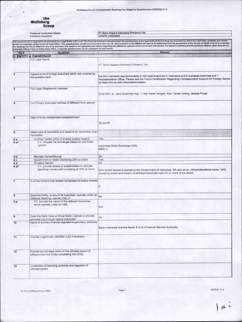 Fillable Online Wolfsberg Group Correspondent Banking Due Diligence ...