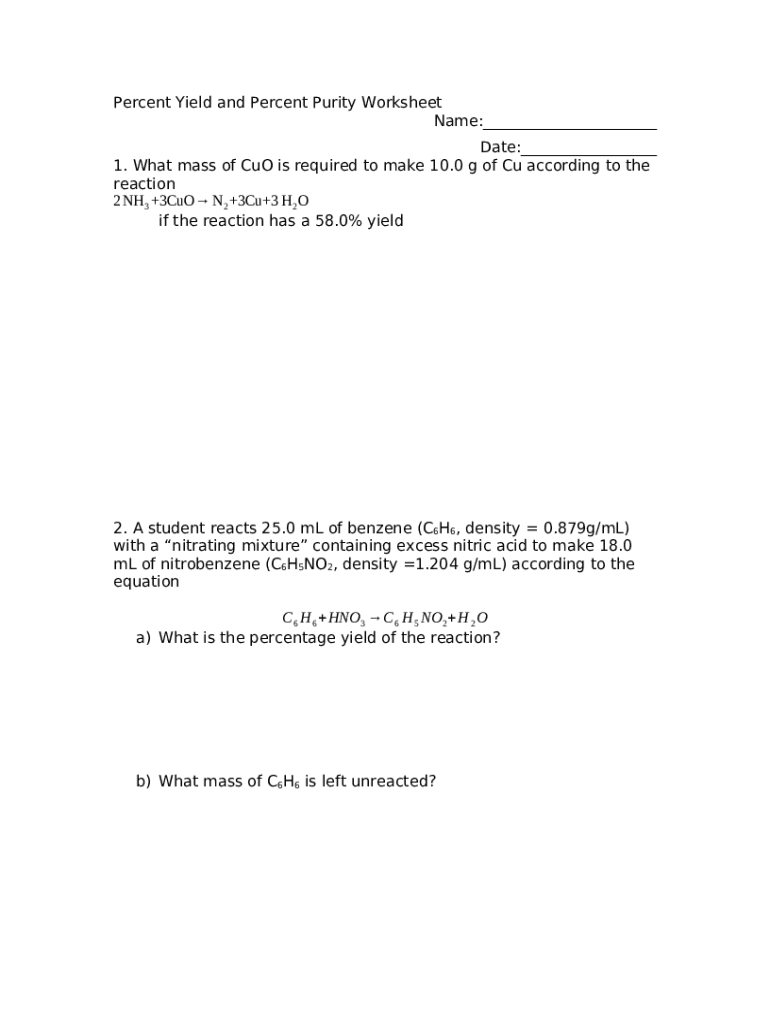 Percent Yield and Percent Purity Worksheet Doc Template | pdfFiller