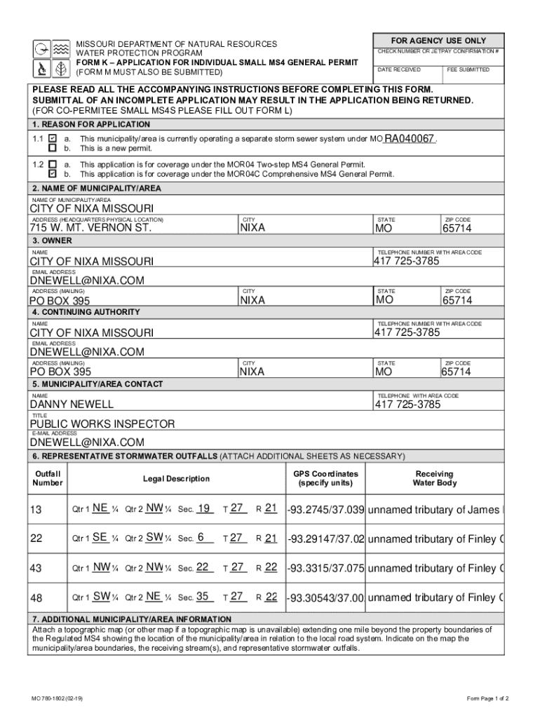 Fillable Online Form K - Application for Individual Small Ms4 General ...