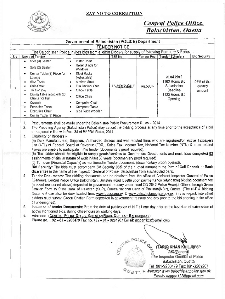 Fillable Online balochistanpolice gov Publication of tender Notice ...