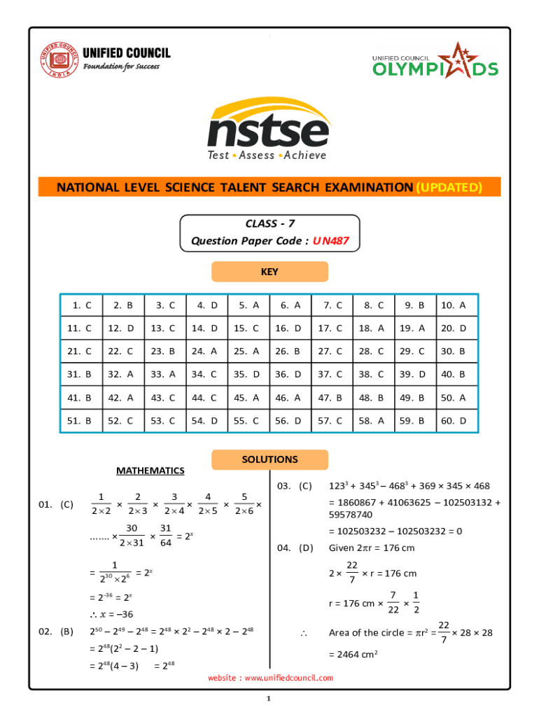 Fillable Online NSTSE National Science Talent Search Examination Class ...