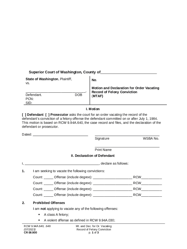 Motion And Declaration For Order Vacating Record Of ... Doc Template ...