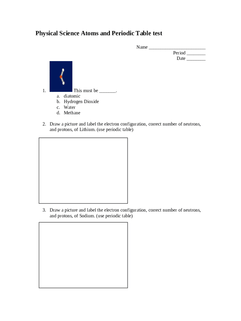 Physical Science Atoms and Periodic Table test Doc Template | pdfFiller
