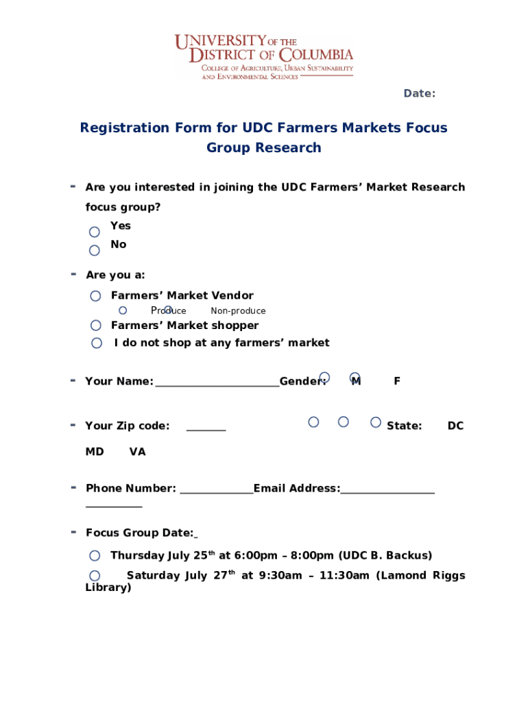 Registration for UDC Farmers Markets Focus Group ... Doc Template | pdfFiller
