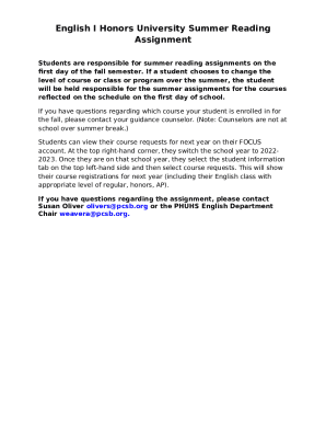 Honors English I Summer Reading Choices and Assignment Doc Template ...