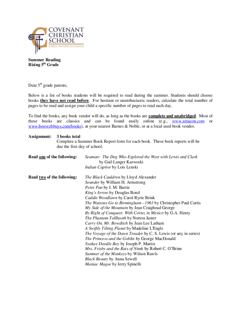 Fillable Online Rising 5th Grade Summer Reading Project - St. Ambrose ...