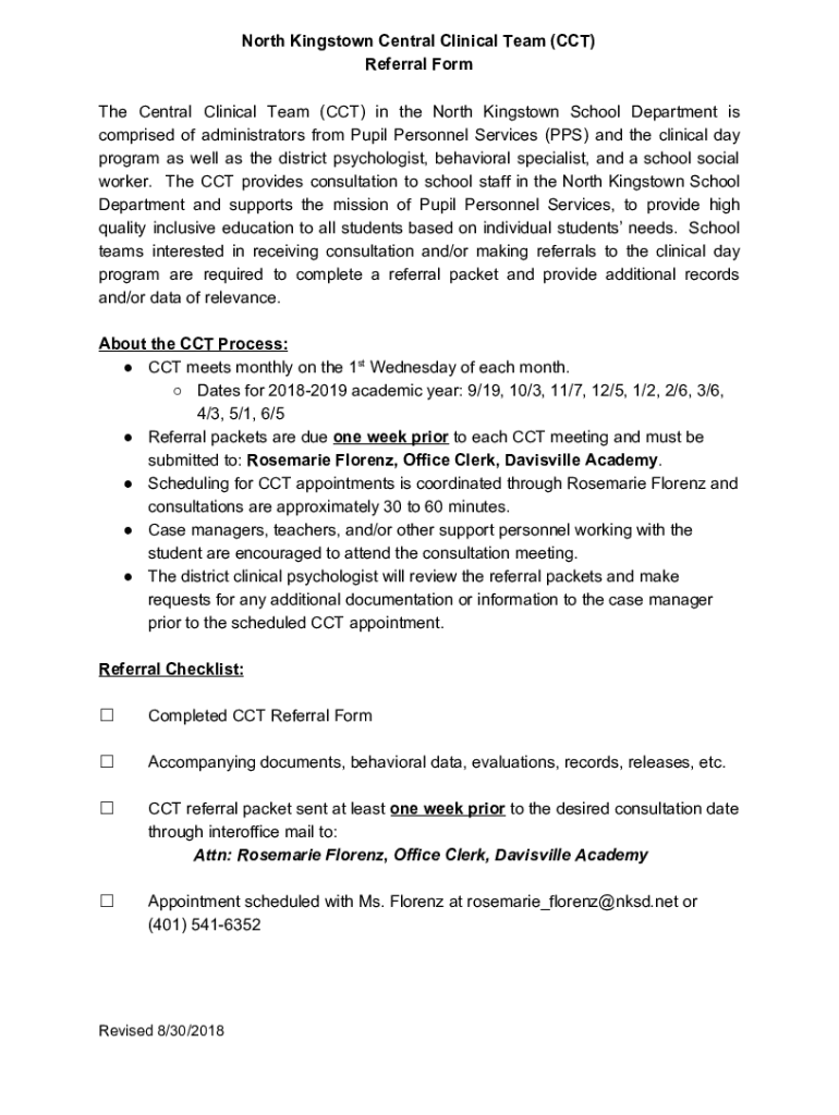 Fillable Online North Kingstown Central Clinical Team (CCT) Referral ...