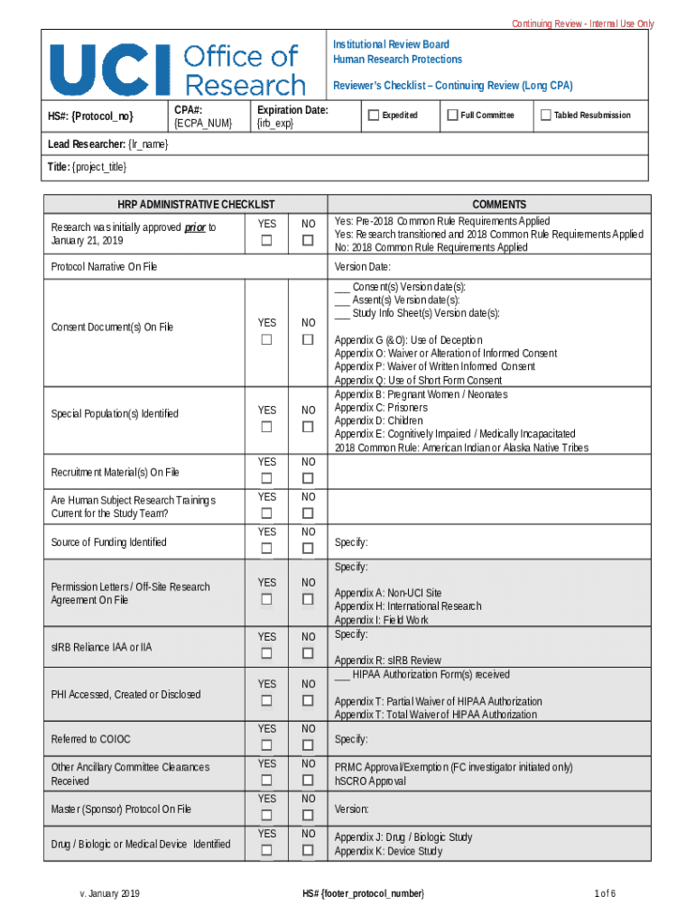 Checklists & Worksheets: Institutional Review Board (IRB) Office - research uci Doc Template ...