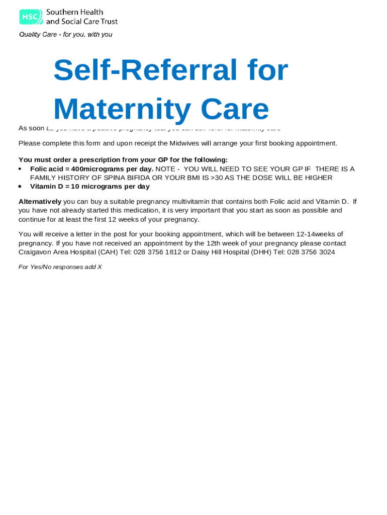 Self-referral for Maternity Care Doc Template | pdfFiller