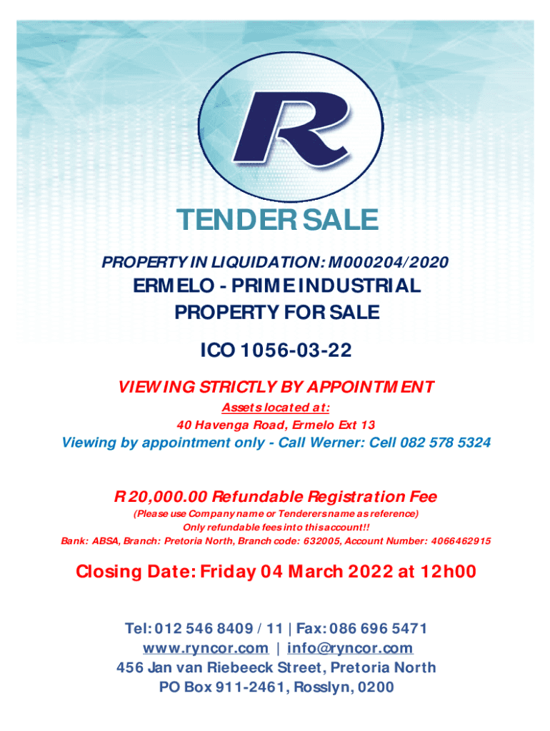 Fillable Online Tender Document - Ermelo Property - 40 Havenga Road, Ermelo - ICO1056-03-22 Fax ...