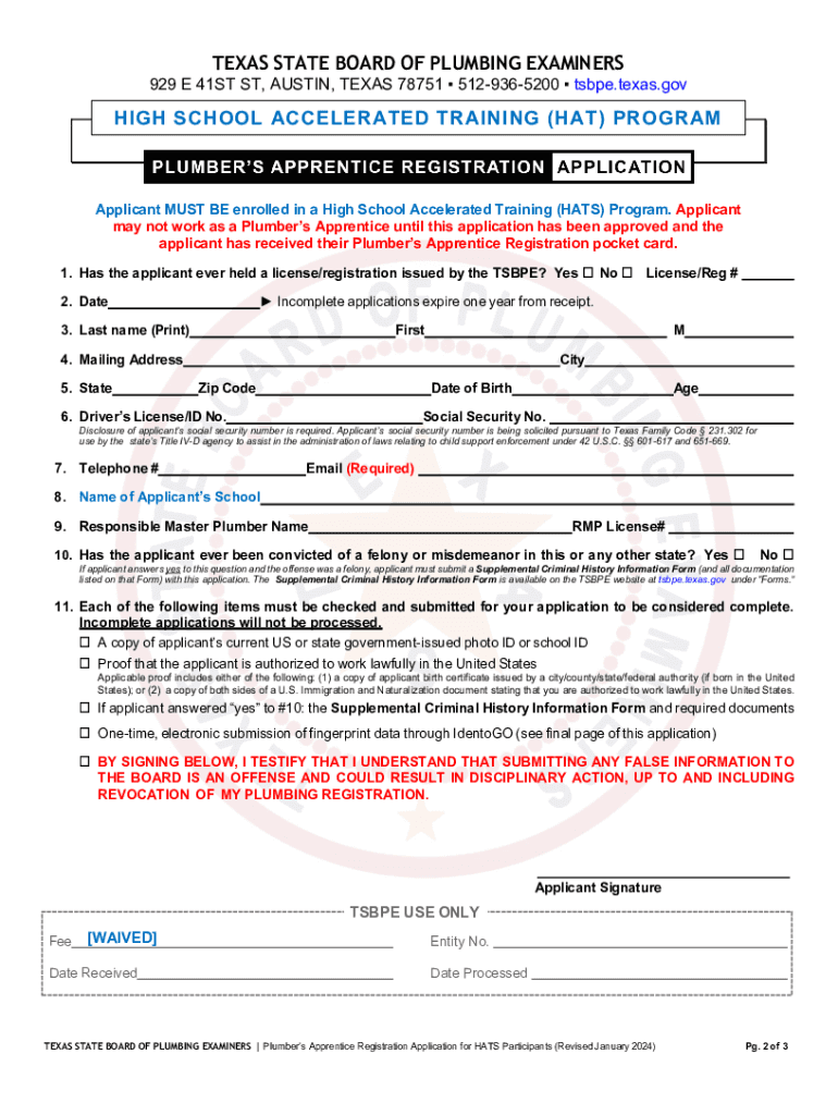 Fillable Online High School - Texas State Board of Plumbing Examiners ...