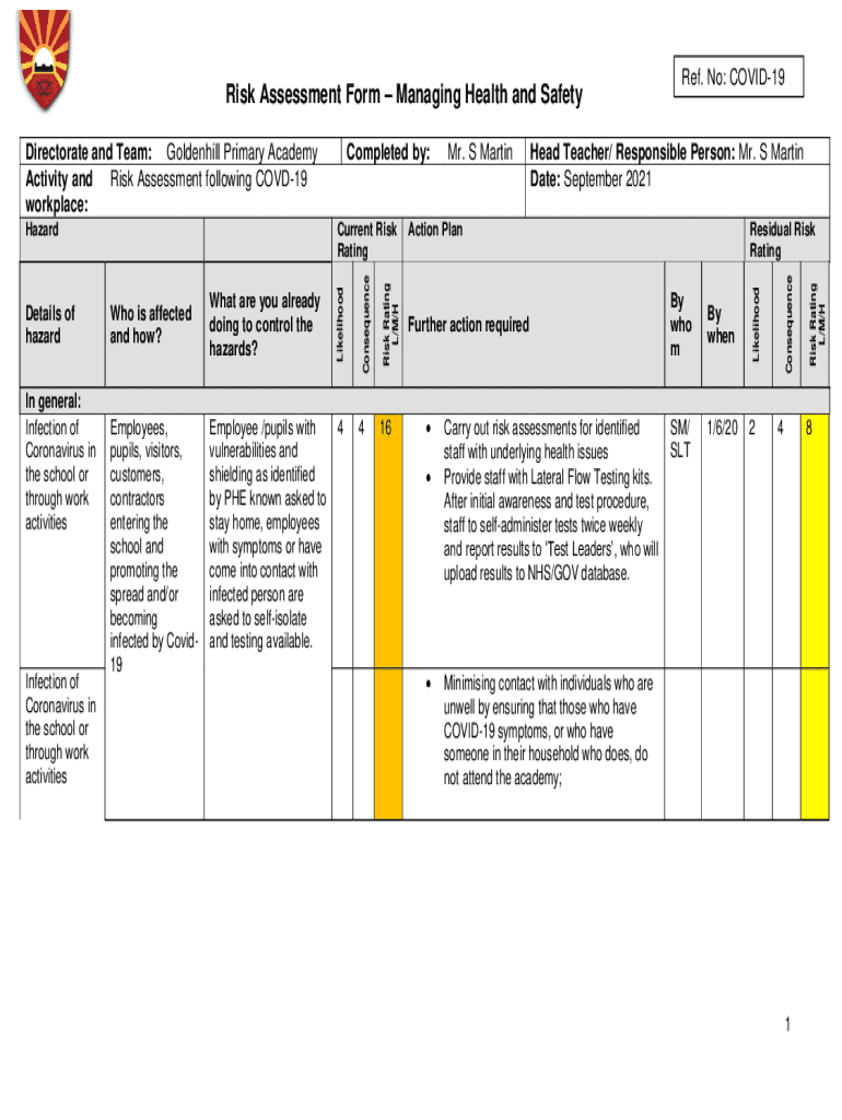 Fillable Online Corporate Risk Assessment Form. Health and Safety Fax ...