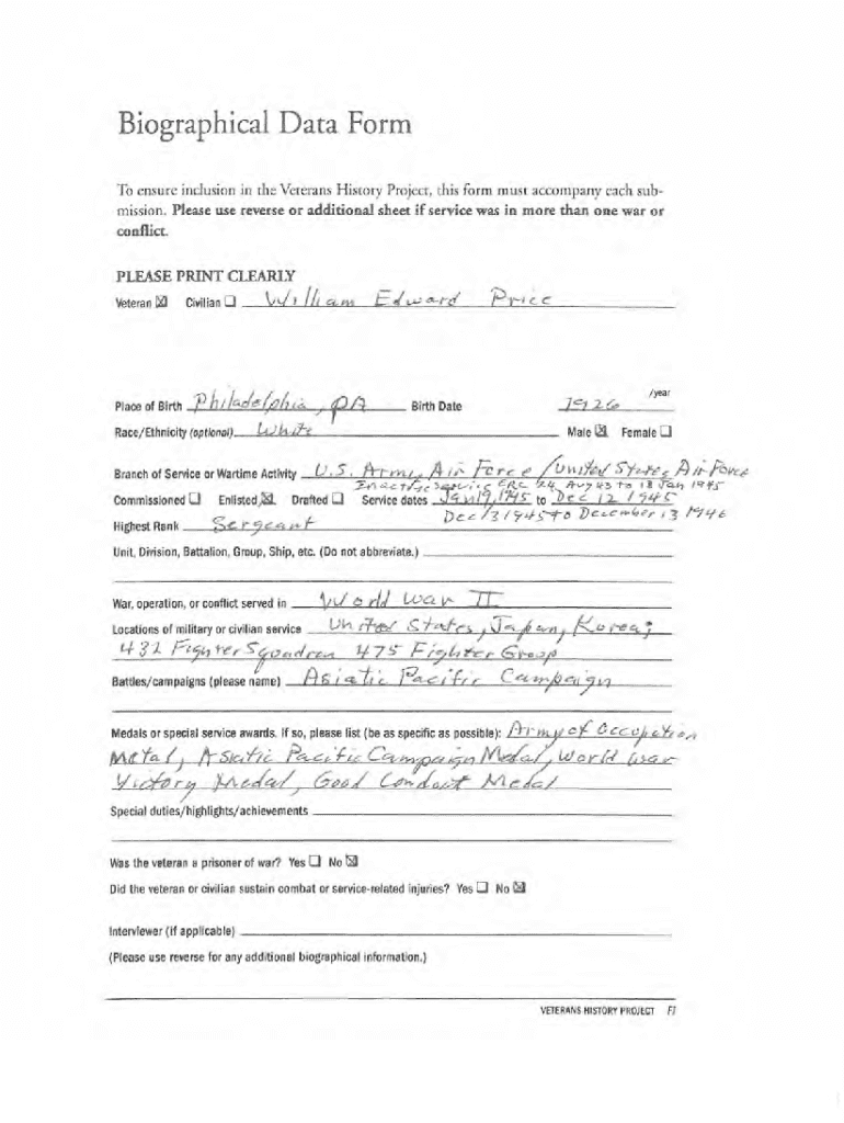 Fillable Online Biographical Data Fillable Form (Veterans History Project ... Fax Email Print ...