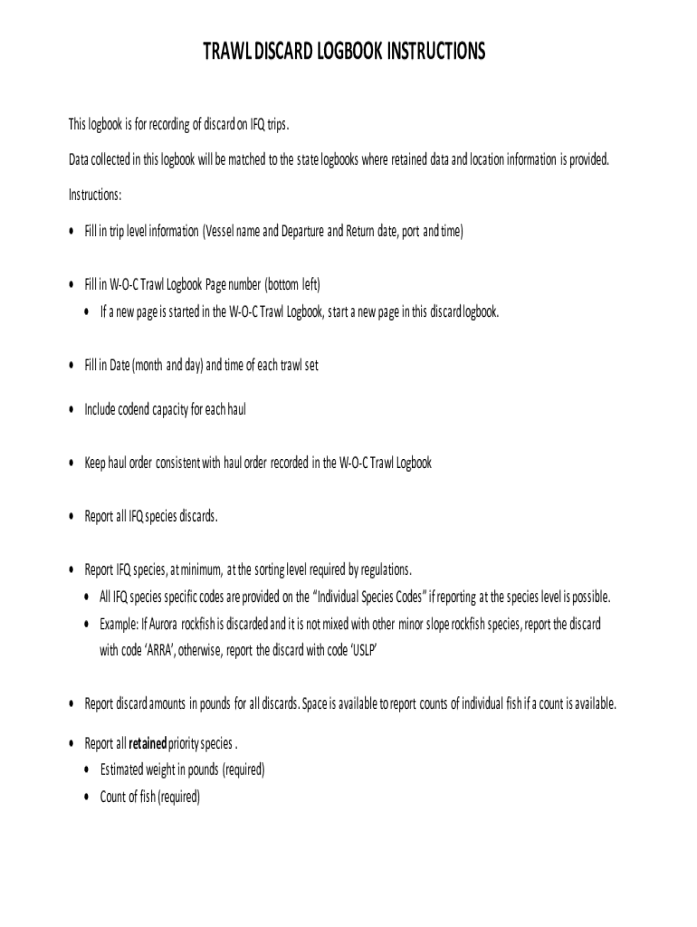 Fillable Online Trawl Discard Logbook Form and Instructions. This form ...