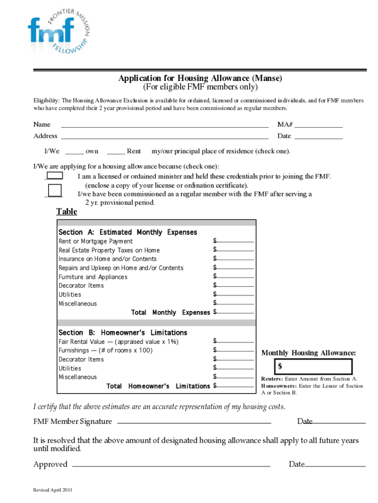 Fillable Online Application for Housing Allowance (Manse) (For eligible ...