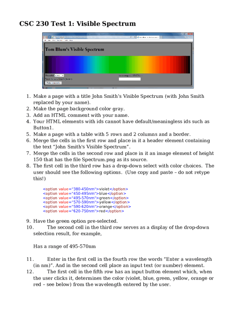 CSC 230 Test 1: Visible Spectrum Doc Template | pdfFiller