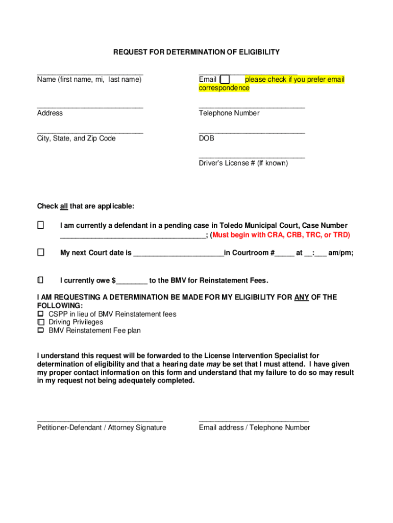Fillable Online Request for Determination of Eligibility for License ...