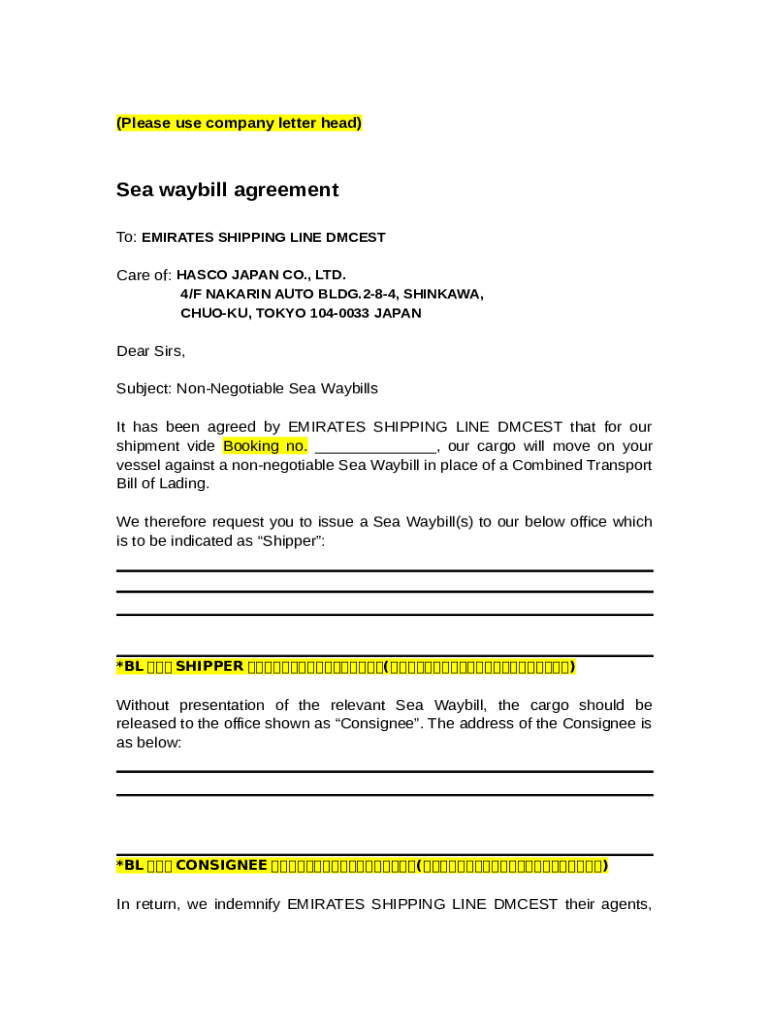 Appendix 12---- Sea waybill agreement Doc Template | pdfFiller