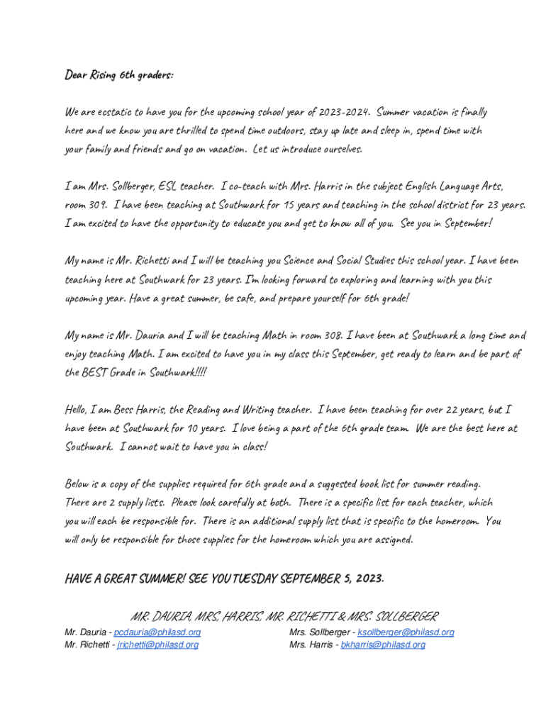 Fillable Online Dear 6th Grader, I am so excited that you will be a ...