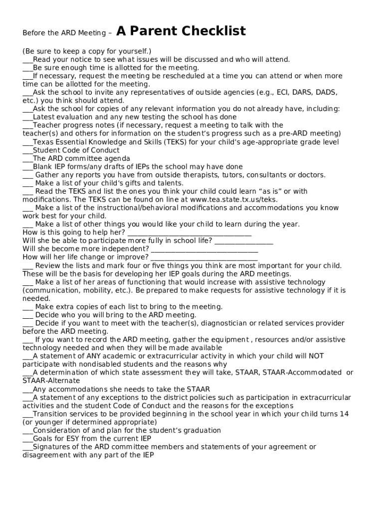 ARD/IEP Parent Checklist Doc Template | pdfFiller