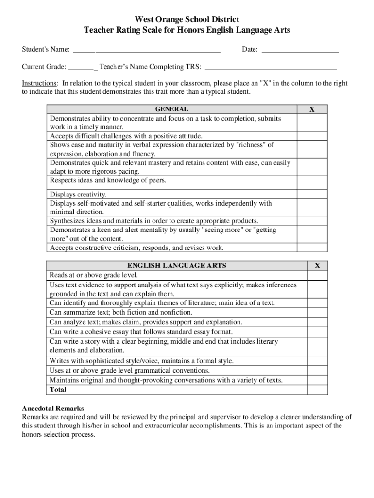 Fillable Online Teacher Rating Scale for Honors English Language Arts ...